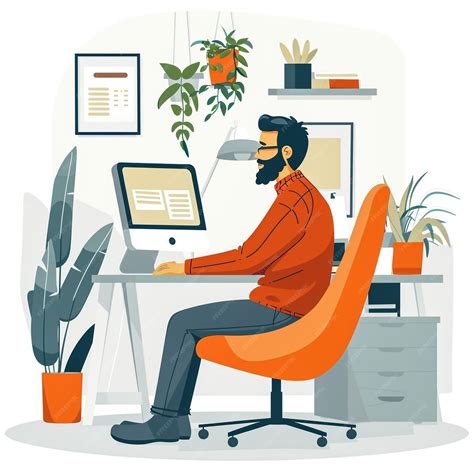 Premium Photo Man Sitting At Computer Working Minimalist Vector Illustration