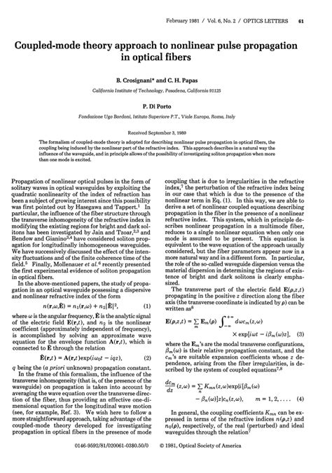 Pdf Coupled Mode Theory Approach To Nonlinear Pulse Propagation In