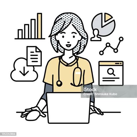 웹 사이트 검색 연구 클라우드파일 공유 분석 및 책상에서 보고서를 만들기 위해 랩톱 컴퓨터를 사용하는 간호사 여성 간호사에 대한 스톡 벡터 아트 및 기타 이미지 Istock