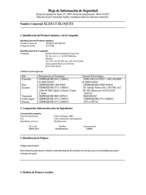 Msds Klerat Bloques Babolna Pdf Agua Contaminación