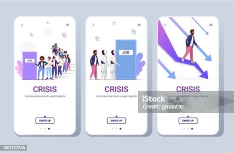 하향차트 고용 금융 위기 로봇 지배 개념 스마트 폰 화면 컬렉션 모바일 앱 수평 전체 길이 복사 공간에 대해 좌절 기업 개체 그룹에 대한 스톡 벡터 아트 및 기타 이미지