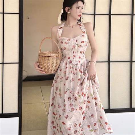 클라우드나인 바캉스룩비치원피스 로즈 플라워 튤립 홀터넥 끈나시 롱원피스 오프숄더 나시 A라인 롱 플레어 원피스 허리잘록 몸매보정 20대 30대 여름신상 바닷가 여행