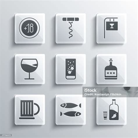 세트 말린 생선 후추와 유리와 보드카 알코올 음료 럼 병 발포성 정제 물 나무 맥주 잔 와인 18 플러스 및 거리 간판 바 아이콘 벡터 0명에 대한 스톡 벡터 아트 및 기타