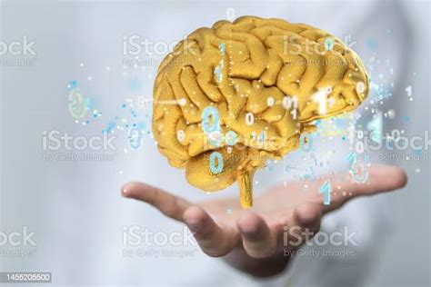Closeup Of A Hand Holding A 3d Model Of An Artificial Brain With Binary