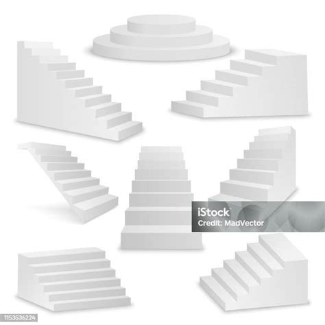 벡터 3d 현실적인 흰색 계단 아이콘 설정 된 근접 촬영 흰색 배경에 고립 인테리어 계단 벡터 단계 컬렉션의 디자인 서식 파일 0명에 대한 스톡 벡터 아트 및 기타 이미지