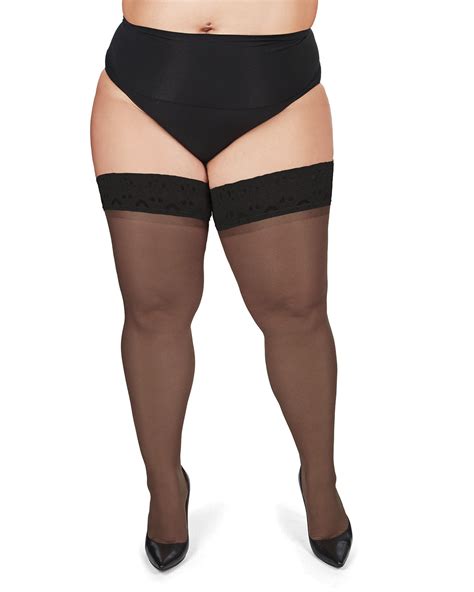 Womens Plus Size Curvy 20 Denier Silky Sheer Lace Top Thigh High Stoc