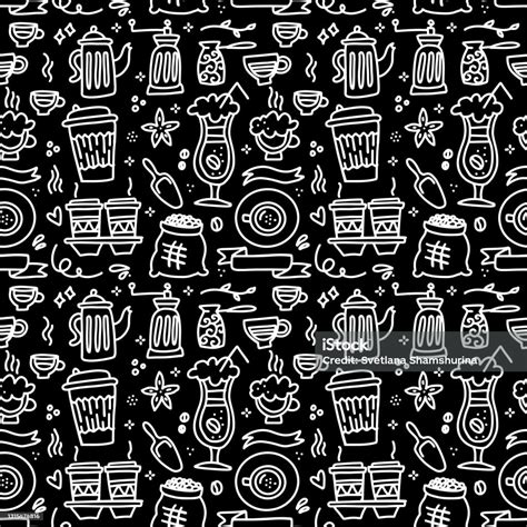 커피 세트와 원활한 패턴 컵 커피 밀 검은 칠판에 냄비 패브릭과 종이 또는 스크랩 예약에 인쇄하는 데 이상적입니다 선형 낙서 벡터 그림입니다 배경 주제에 대한 스톡 벡터