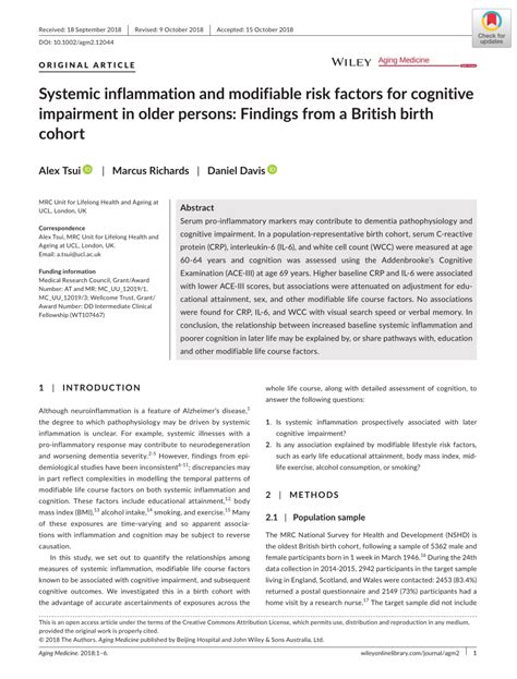 Pdf Systemic Inflammation And Modifiable Risk Factors For Cognitive