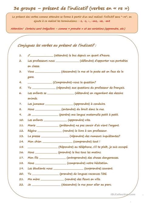 Présent De Lindicatif 3e Groupe Verbes En Re Exercice Verbe Exercices Conjugaison