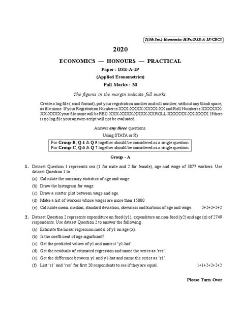 Cu 2020 Ba Bsc Honours Economics Semester V Paper Dse A 1p Practical Qp Pdf Regression
