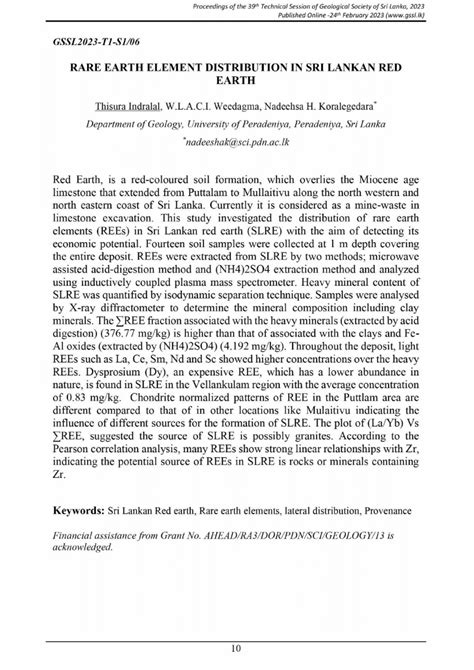 Pdf Rare Earth Element Distribution In Sri Lankan Red Earth