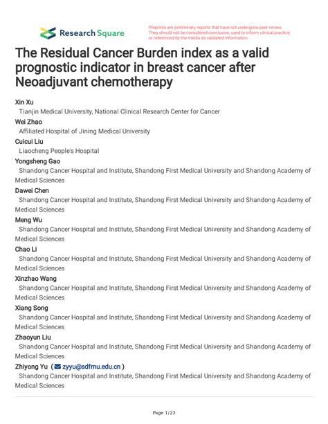 Pdf The Residual Cancer Burden Index As A Valid Prognostic Indicator In Breast Cancer After