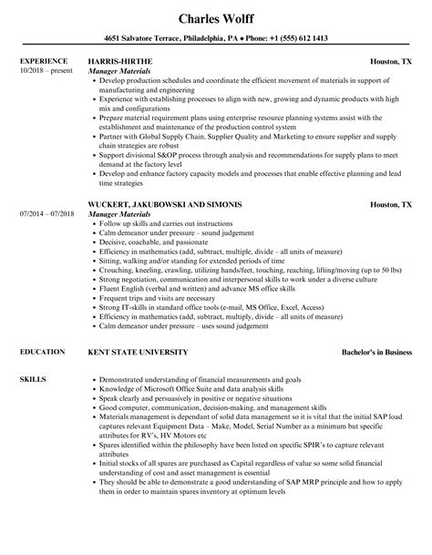 Manager Materials Resume Samples Velvet Jobs