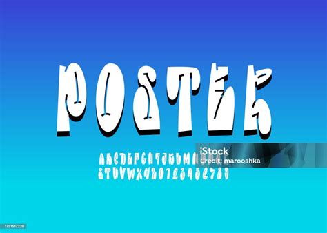 그래피티 글꼴 만화 스타일의 만화 아이 알파벳 아이 좁은 대문자와 숫자 벡터 일러스트레이션 10eps 0명에 대한 스톡 벡터