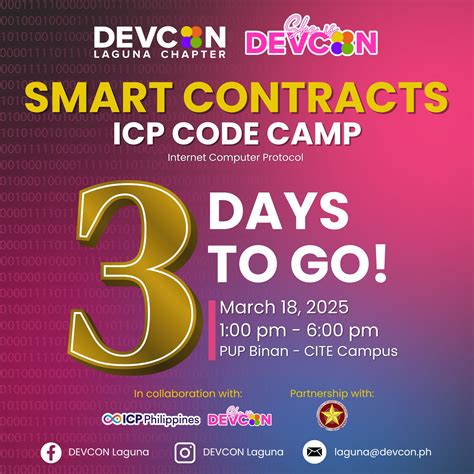 devcon laguna 𝟯 𝗗𝗮𝘆𝘀 𝘁𝗼 𝗚𝗼 ⏳ the 𝗦𝗠𝗔𝗥𝗧𝗖𝗢𝗡𝗧𝗥𝗔𝗖𝗧𝗦 𝗜𝗖𝗣 𝗖𝗢𝗗𝗘 𝗖𝗔𝗠𝗣 is just around the corner in 3