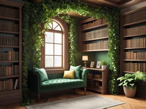 Premium Photo A Quiet Library Corner With Green Ivy Decorations Framing A Cozy Reading Nook