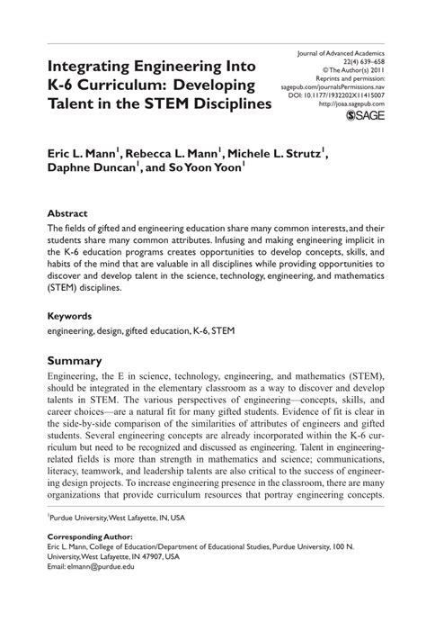 Pdf Integrating Engineering Into K 6 Curriculum Developing Talent In