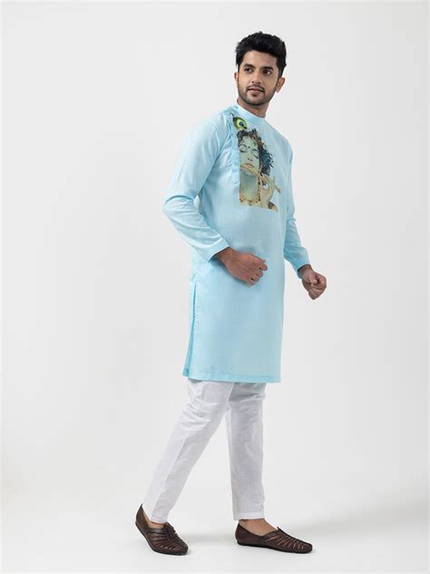Mgsp B Mens Sky Blue Lord Krishna Print Side Placket Cotton Kurta S