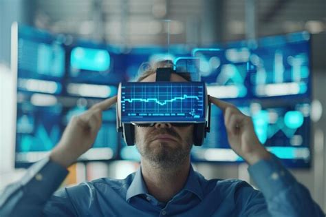Man Using Virtual Reality Headset With Data Visualization Charts Exploring Futuristic Technology