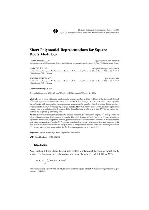 Pdf Short Polynomial Representations For Square Roots Modulo P