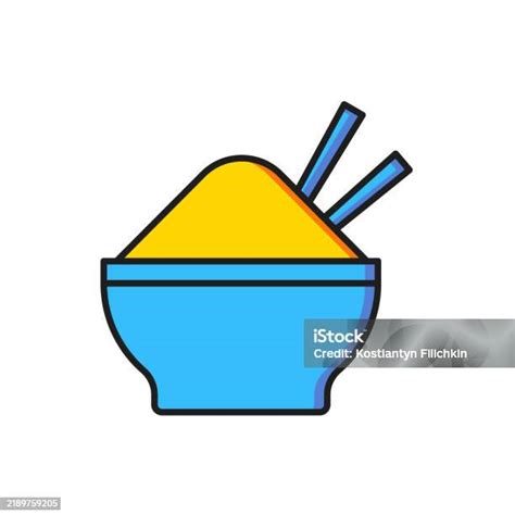 색깔 그릇에 담긴 쌀 와 젓가락 아이콘 고립된 통하고 있는 통하고 있는 White Background 전통적인 아시아 음식 그림자가 있는 평면으로 채워진 윤곽선 스타일입니다