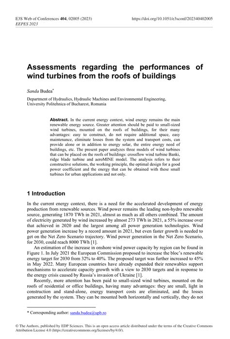 Pdf Assessments Regarding The Performances Of Wind Turbines From The Roofs Of Buildings