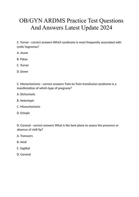 Ob Gyn Ardms Practice Test Questions And Answers Latest Update 2024 Ardms Stuvia Us