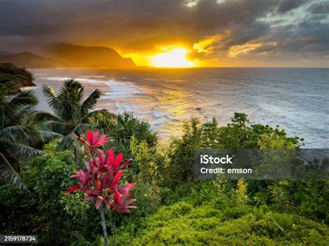 해질녘 하와이 카우아이 섬의 북쪽 해안에서 바라보는 아름다운 풍경 하와이 제도에 대한 스톡 사진 및 기타 이미지 하와이 제도 카우아이 일몰 Istock