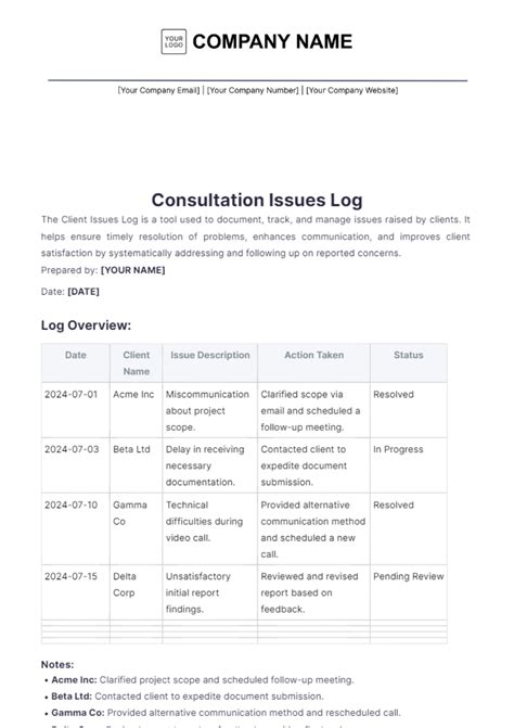 Free Consultation Issues Log Template To Edit Online