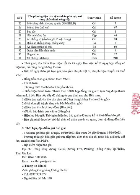 Thông báo mời chào giá về việc Mua sắm phương tiện bảo vệ cá nhân năm Cảng hàng không