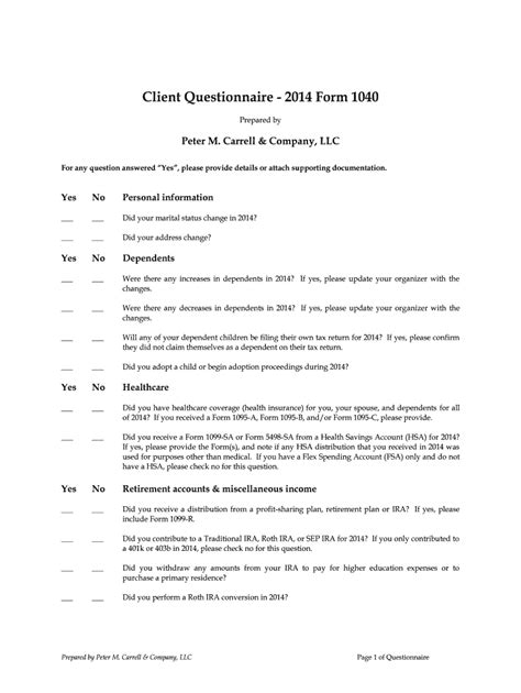 Fillable Online Client Questionnaire 2014 Form 1040 Fax Email Print