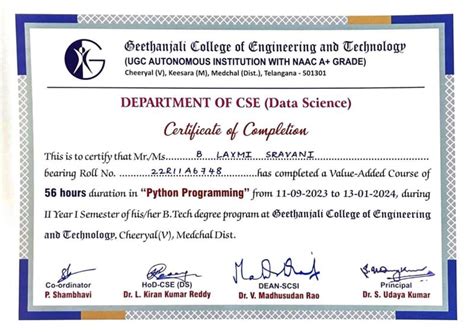 🎉 completed python programming course from geethanjali college 🐍💻 laxmi sravani b posted on
