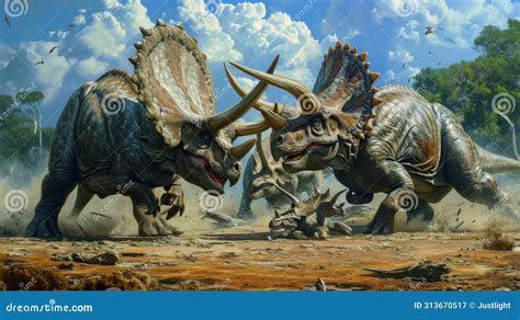 A Group Of Young Triceratops Engaging In Mock Battles With Each Other Their Sy Horns Locking In