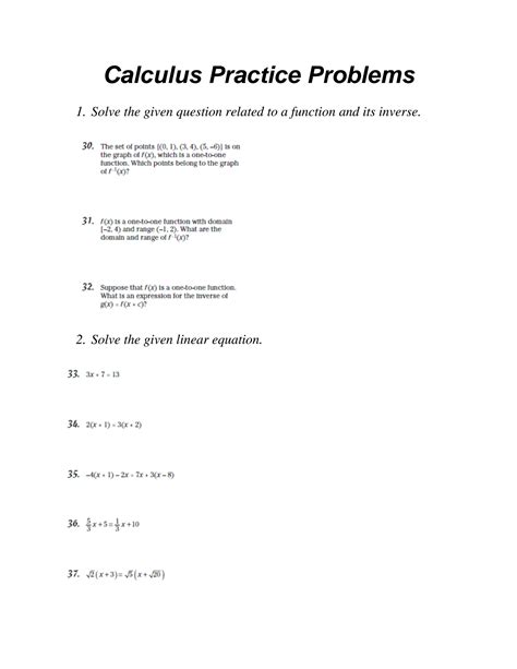 Solution Calculus Practice Problems Function And Its Inverse Linear Equations Quadratic