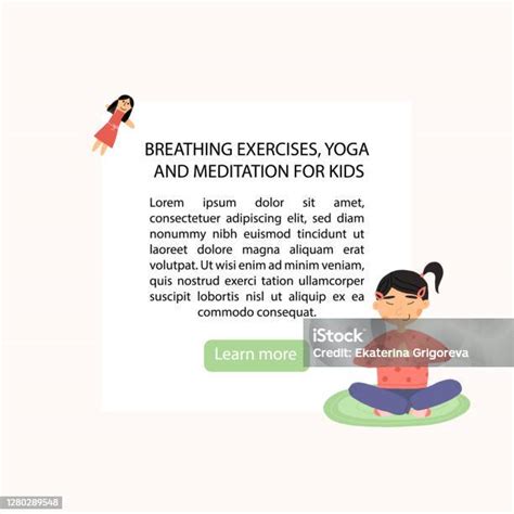 어린이 명상 호흡 운동 또는 요가 학습 배너 템플릿 귀여운 아시아 소녀는 앉아서 연꽃이나 Padmasana 포즈에 앉아 그녀의