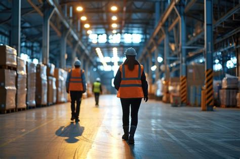 Premium Photo Urgent Warehouse Operations Staff In Reflective Vests Walking Through Aisles