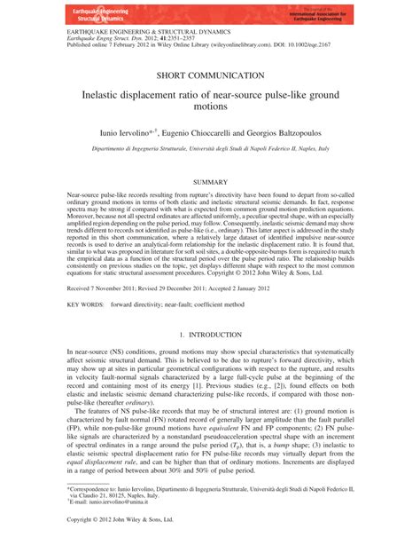 Pdf Inelastic Displacement Ratio Of Near‐source Pulse‐like Ground Motions