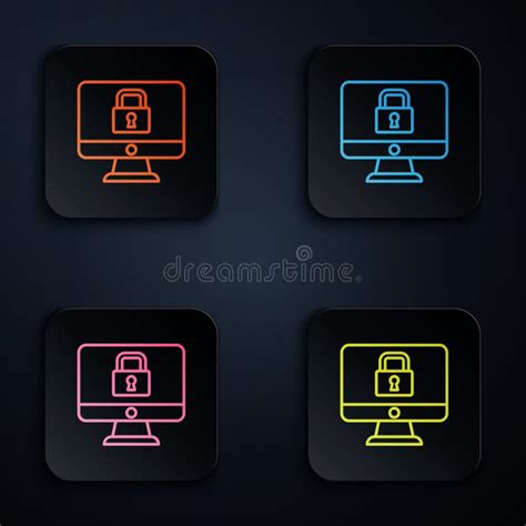 Color Neon Line Lock On Computer Monitor Screen Icon Isolated On Black Background Security