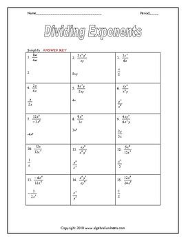 Dividing Monomials Worksheet By Algebra Funsheets TpT