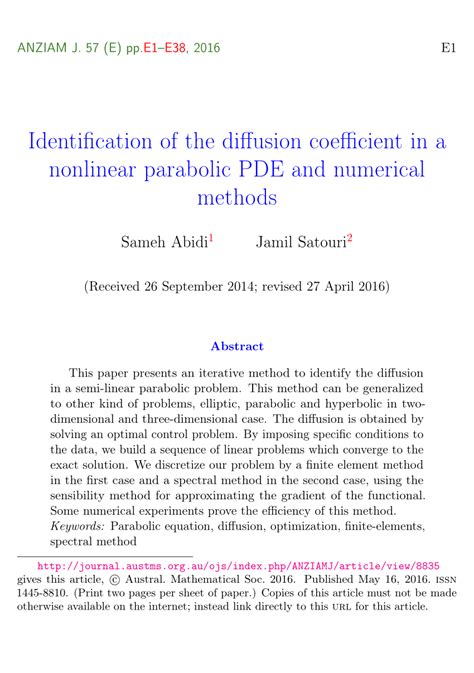 Pdf Identification Of The Diffusion In A Nonlinear Parabolic Problem And Numerical Resolution