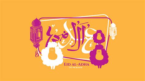 이드 알아드하 벡터 일러스트레이션 무슬림 휴일 이드 알 아드하 램 화이트와 검은 양을 희생 그래픽 디자인 장식 Kurban Bayrami 달 양과 램프 아랍어번역 이드