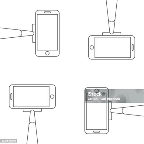 셀카 스틱 라인 아이콘 세트에 스마트 폰 흰색으로 격리된 플랫 벡터 일러스트레이션 Brand Name Smart Phone에