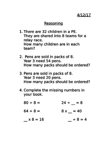 Multiplication And Division Reasoning Questions Mastery Teaching