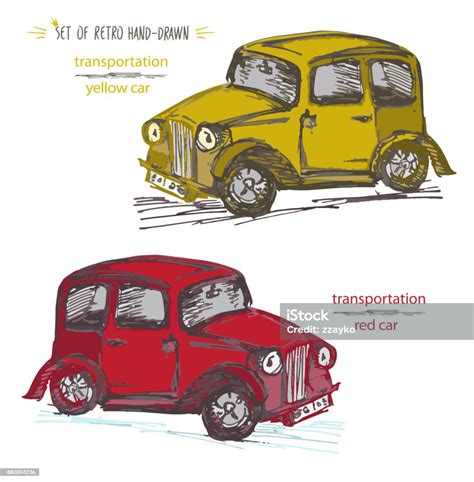 빈티지 자동차 벡터 일러스트 레이 션을 설정 합니다 레트로 그린 택시 택시 잉크 브러시 스케치 스타일 흰색 배경에 고립에서 개념에 대한 스톡 벡터 아트 및 기타 이미지
