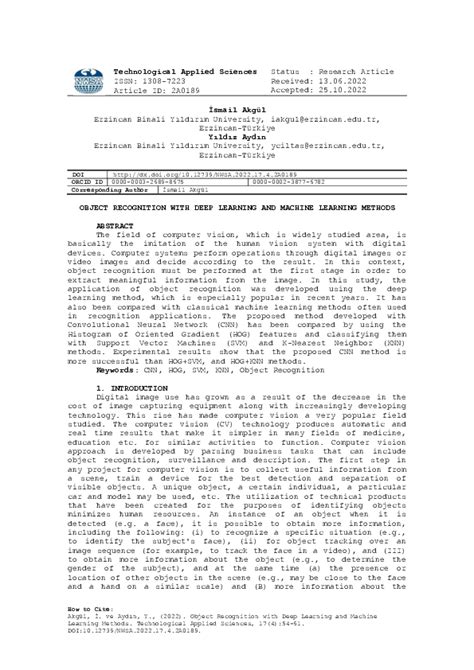 Pdf Object Recognition With Deep Learning And Machine Learning Methods