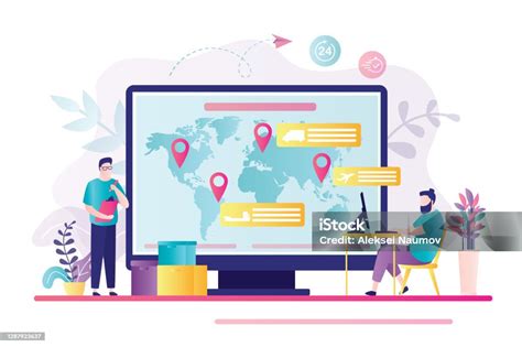 컴퓨터 화면에서 배달의 온라인 추적 남성 캐릭터는 물류를 작동합니다 전 세계 납품 물류 및 비즈니스의 개념 가리키기에 대한 스톡 벡터 아트 및 기타 이미지 Istock