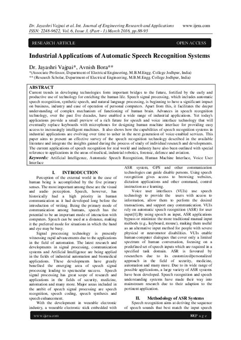 Pdf Industrial Applications Of Automatic Speech Recognition Systems Ijera Journal