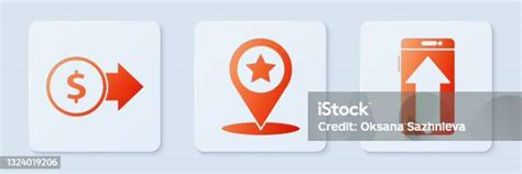 스타 달러 기호와 스마트 폰 휴대 전화와 동전 돈을 매핑합니다 흰색 정사각형 버튼 벡터 0명에 대한 스톡 벡터 아트 및 기타