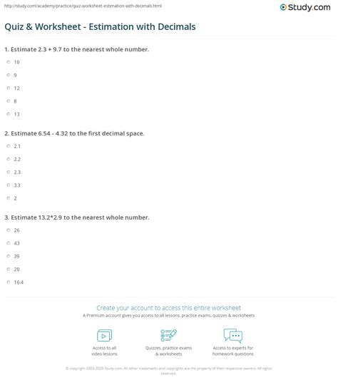 Quiz And Worksheet Estimation With Decimals