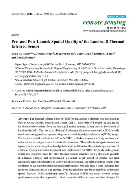 Pdf Pre And Post Launch Spatial Quality Of The Landsat 8 Thermal Infrared Sensor